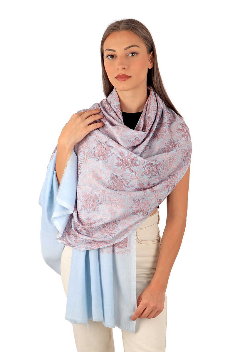 Blue Embroidered Wool Silk Shawl