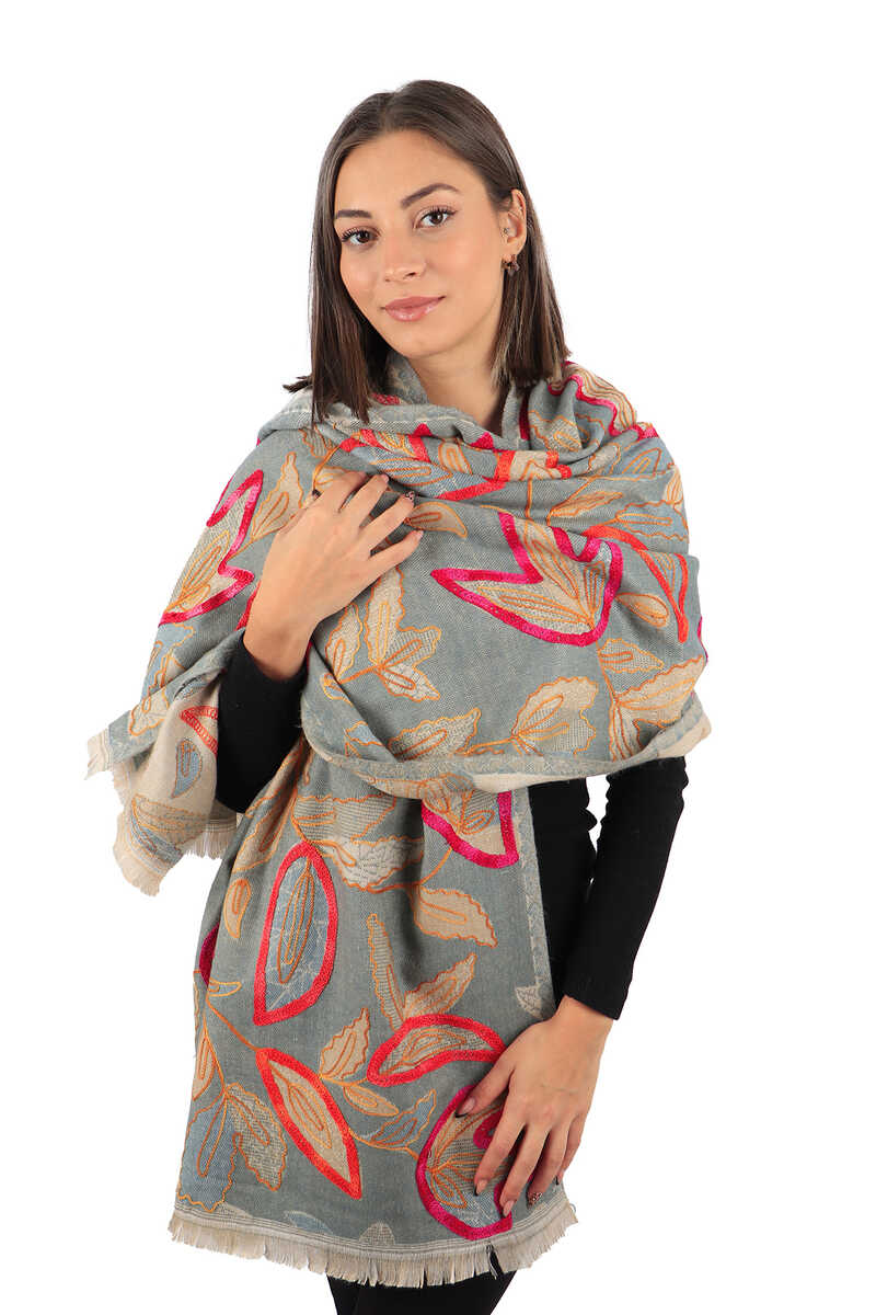 Gray Embroidered Marimo Wool Shawl