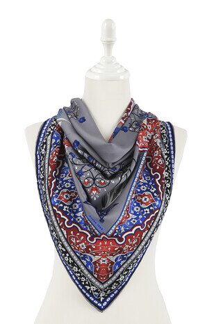 Gray Turkish Motif Candlestick Tulip Pattern Silky Square Scarf