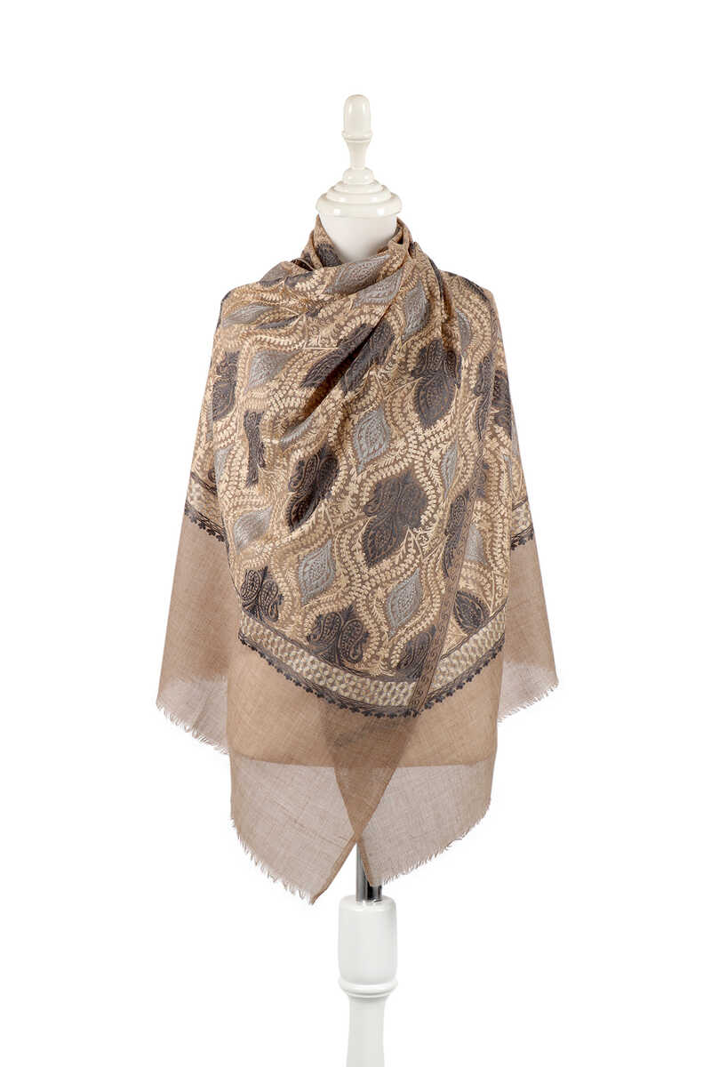 Milk Brown Anthracite Suzani Embroidered Wool Silk Shawl