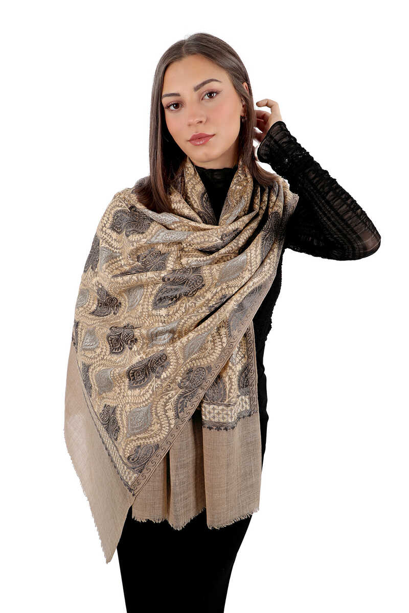 Milk Brown Anthracite Suzani Embroidered Wool Silk Shawl