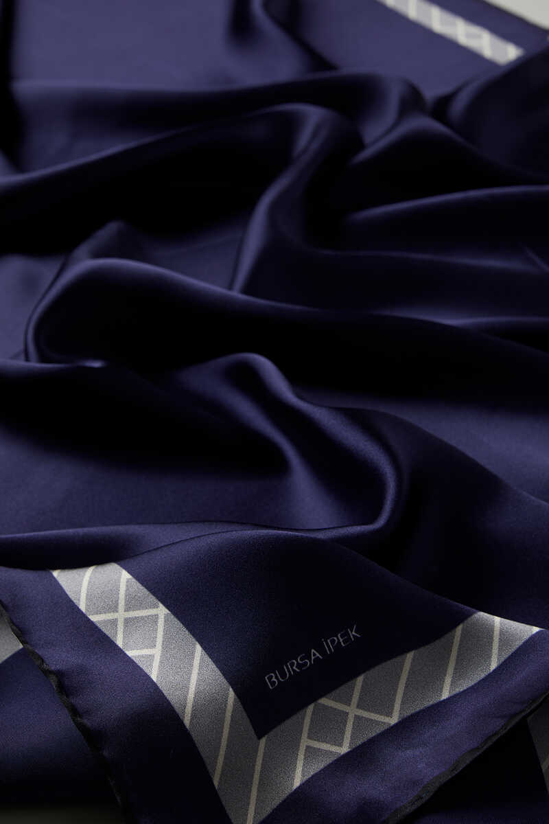 Navy Blue Border Water Line Silk Square Scarf