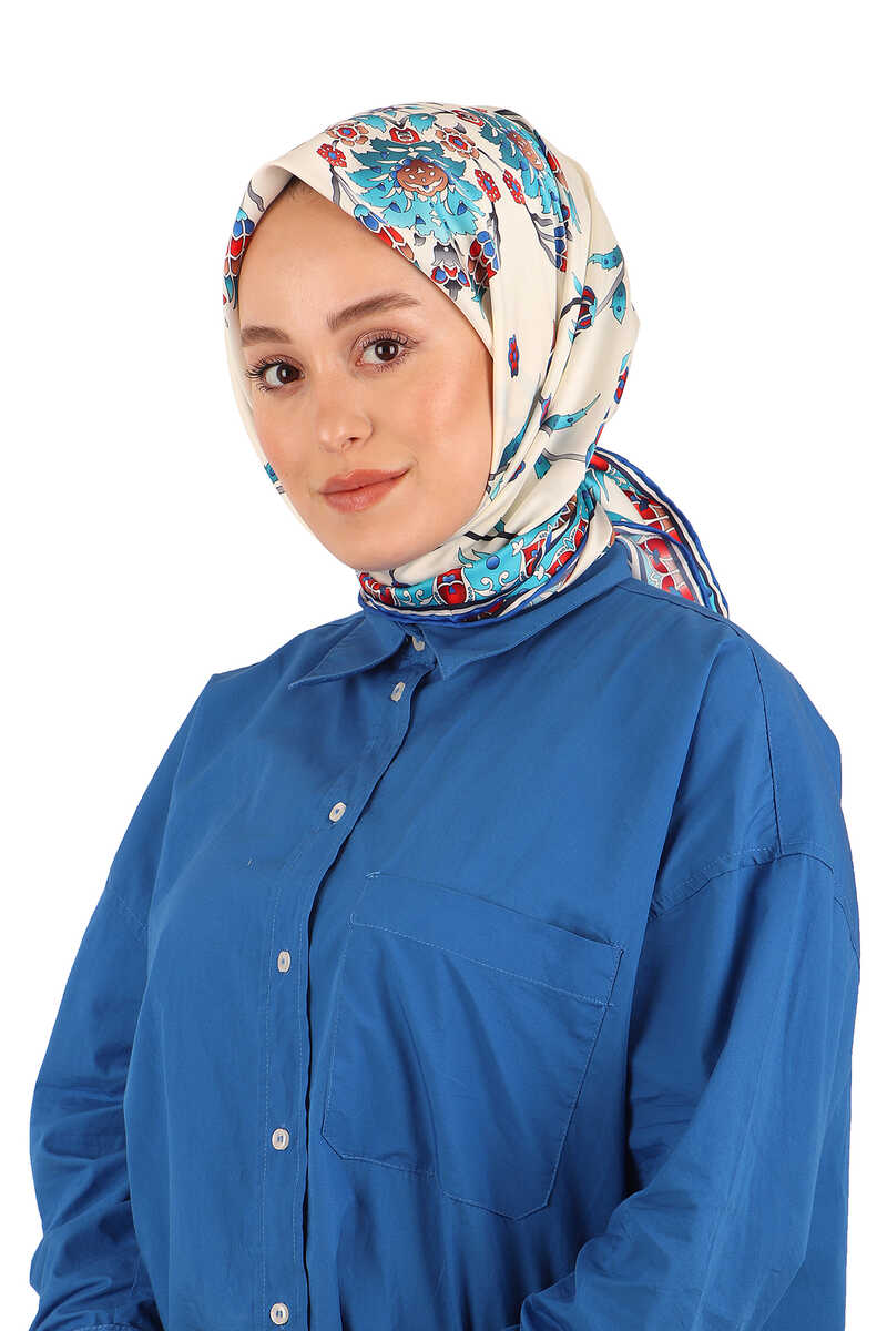 Mavi Sıra Lale Desen İpeksi Eşarp